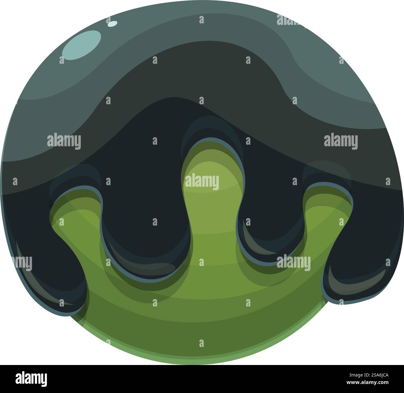Cartoon illustration of black goo dripping over a green sphere. Black ...