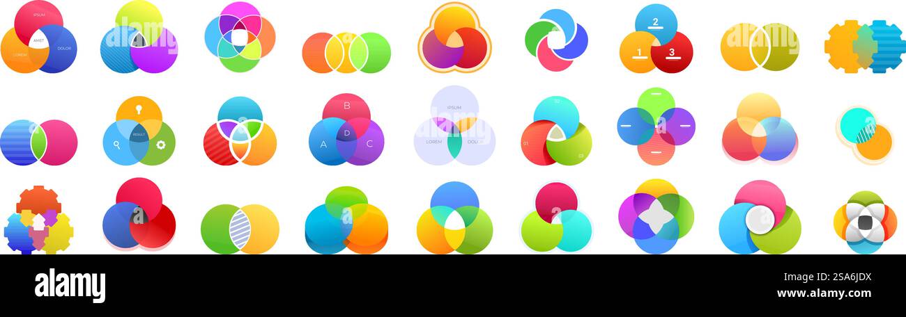 Venn diagram icons set. Colorful set of venn diagrams with overlapping ...
