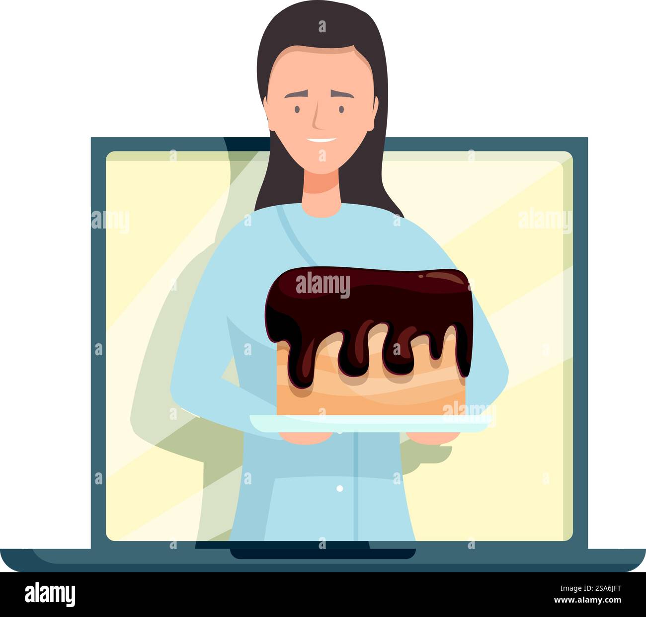 Pastry chef woman holding a chocolate cake on a laptop screen ...