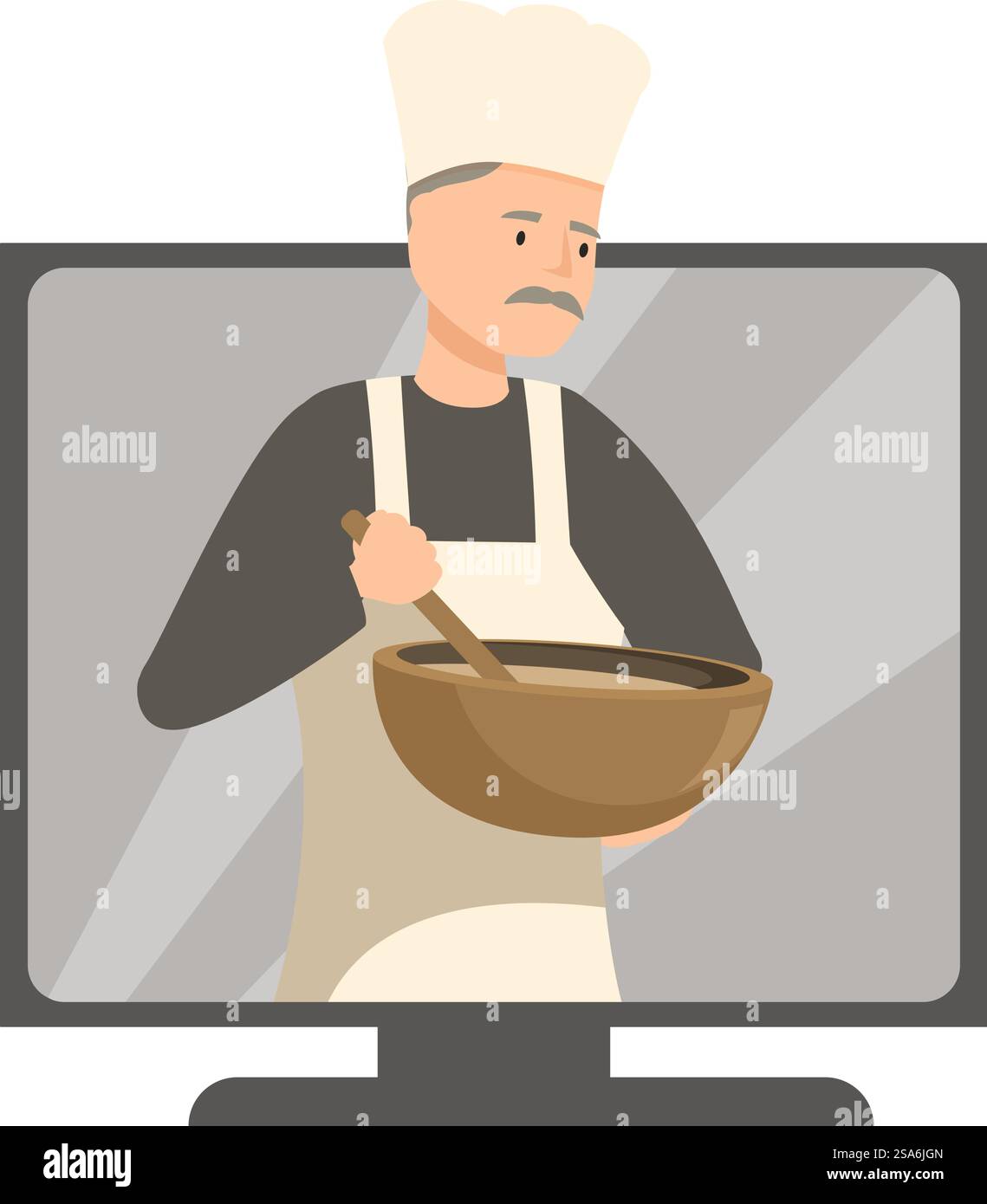 Senior chef holding wooden bowl and mixing food on tv screen, online ...
