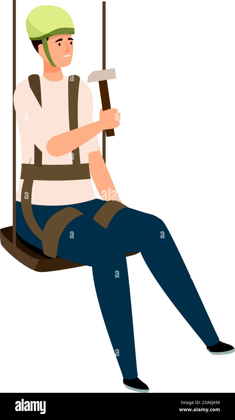 Construction worker is taking a break from work, sitting on a swing and ...