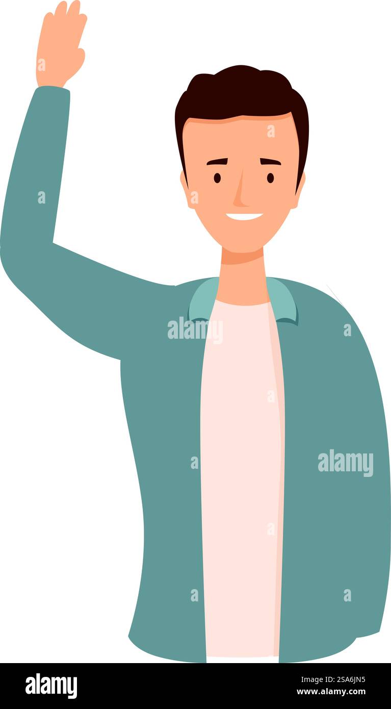 Young man waving hello greeting saying hi illustration. Young man is ...