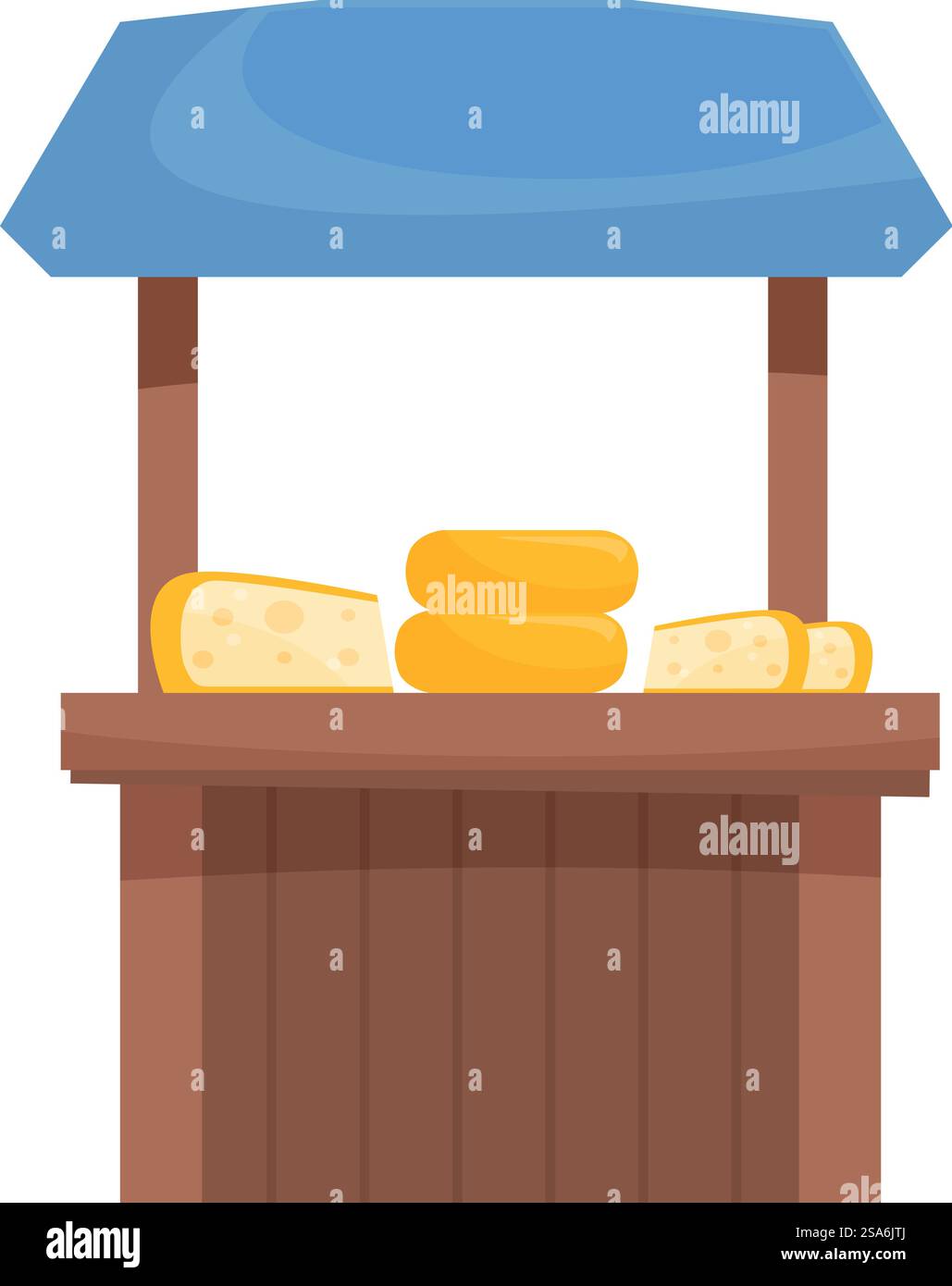 Wooden market stall with a blue awning displaying various types of ...