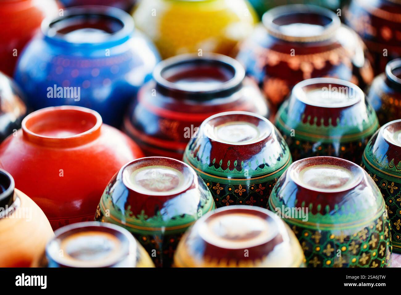 Colorful clay pots at asian market in Myanmar Stock Photo - Alamy