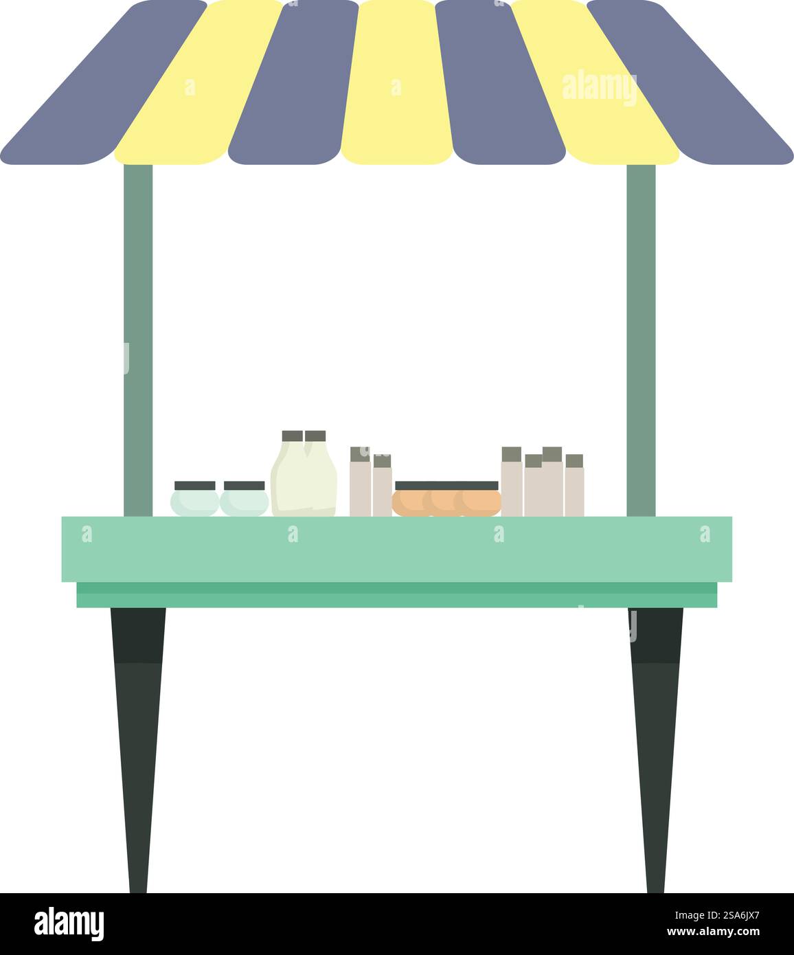 Street market stall is offering food under a yellow and blue striped ...