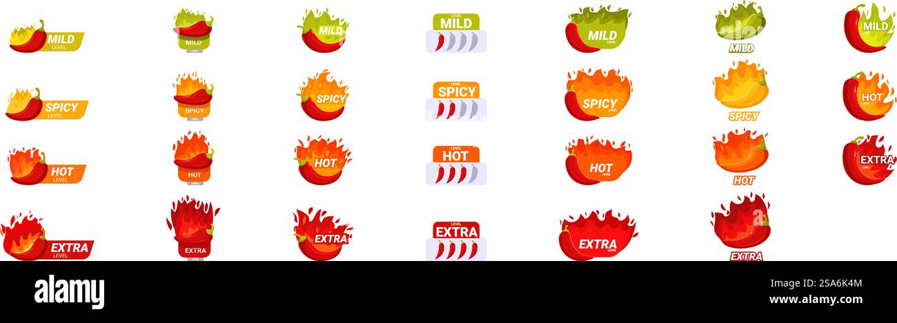 Spicy level icons set. Chili pepper scale showing different levels of ...