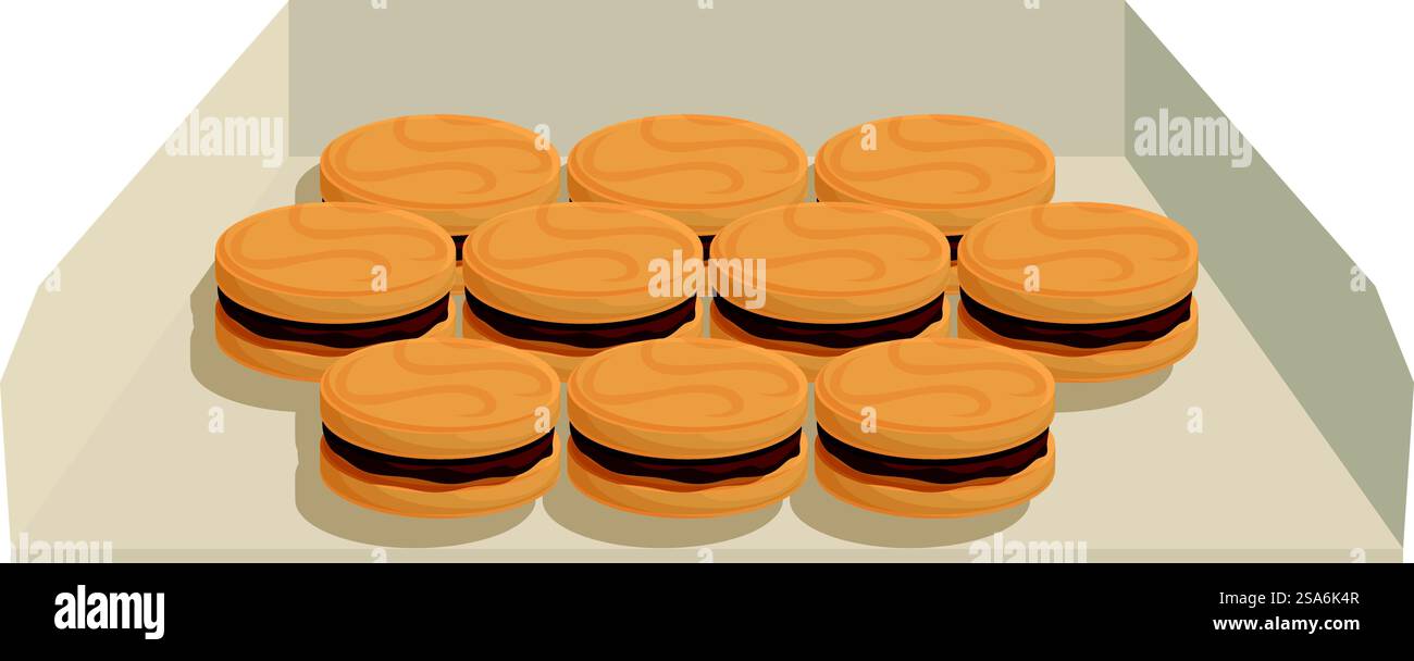 Eleven sandwich cookies with chocolate filling are neatly arranged in ...