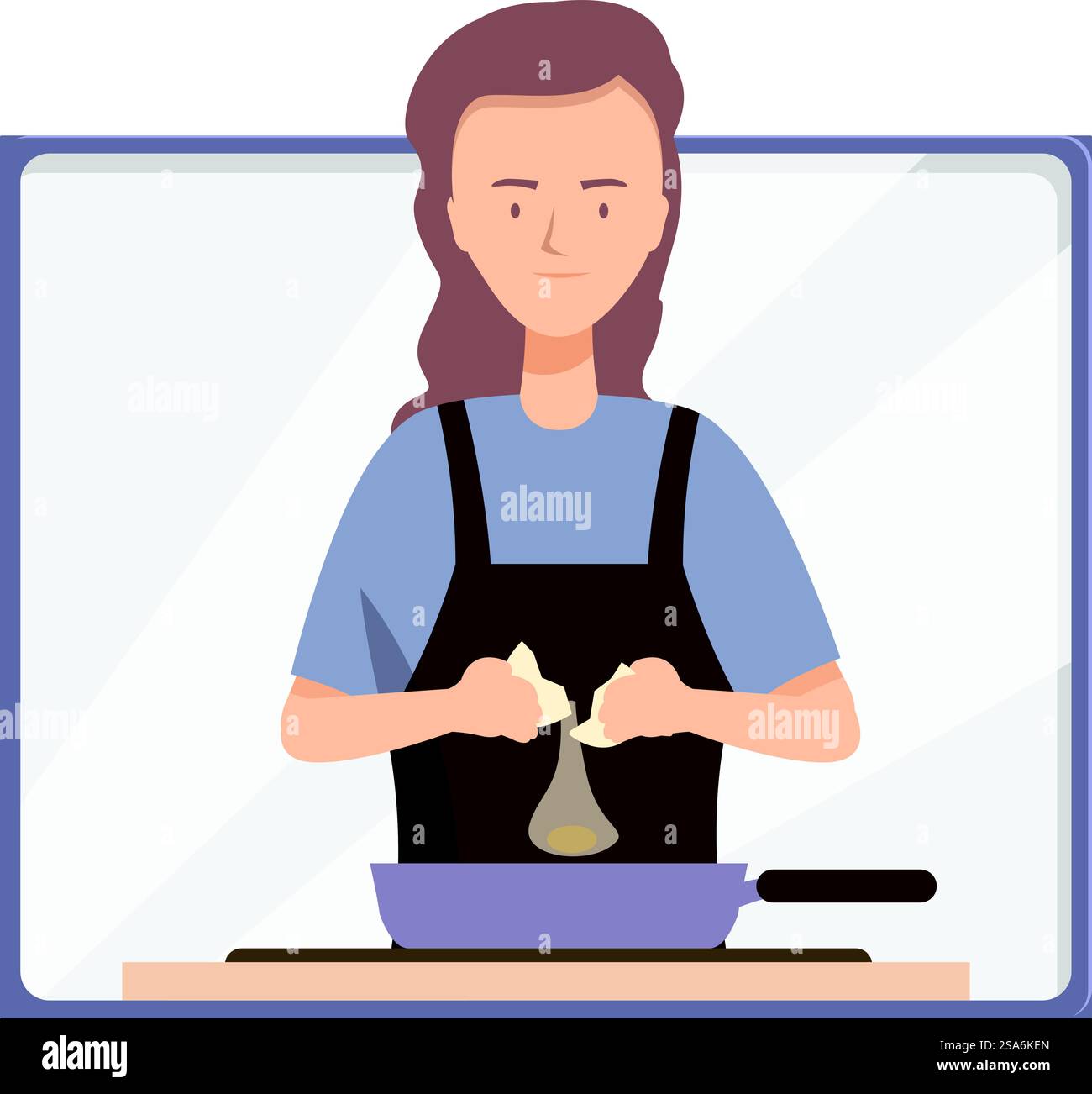 Woman wearing an apron is cracking an egg into a pan while cooking in ...