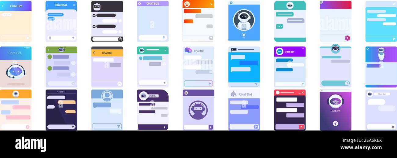 Bot window icons set. Set of messenger app screens showing chat bot ...