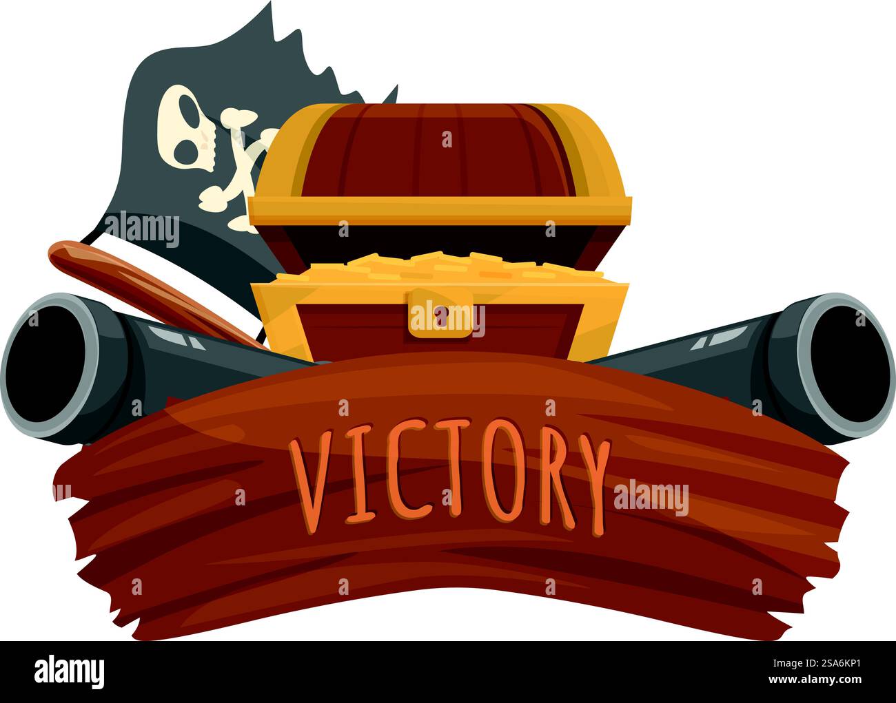 Pirate treasure chest full of gold coins with cannons and flag ...