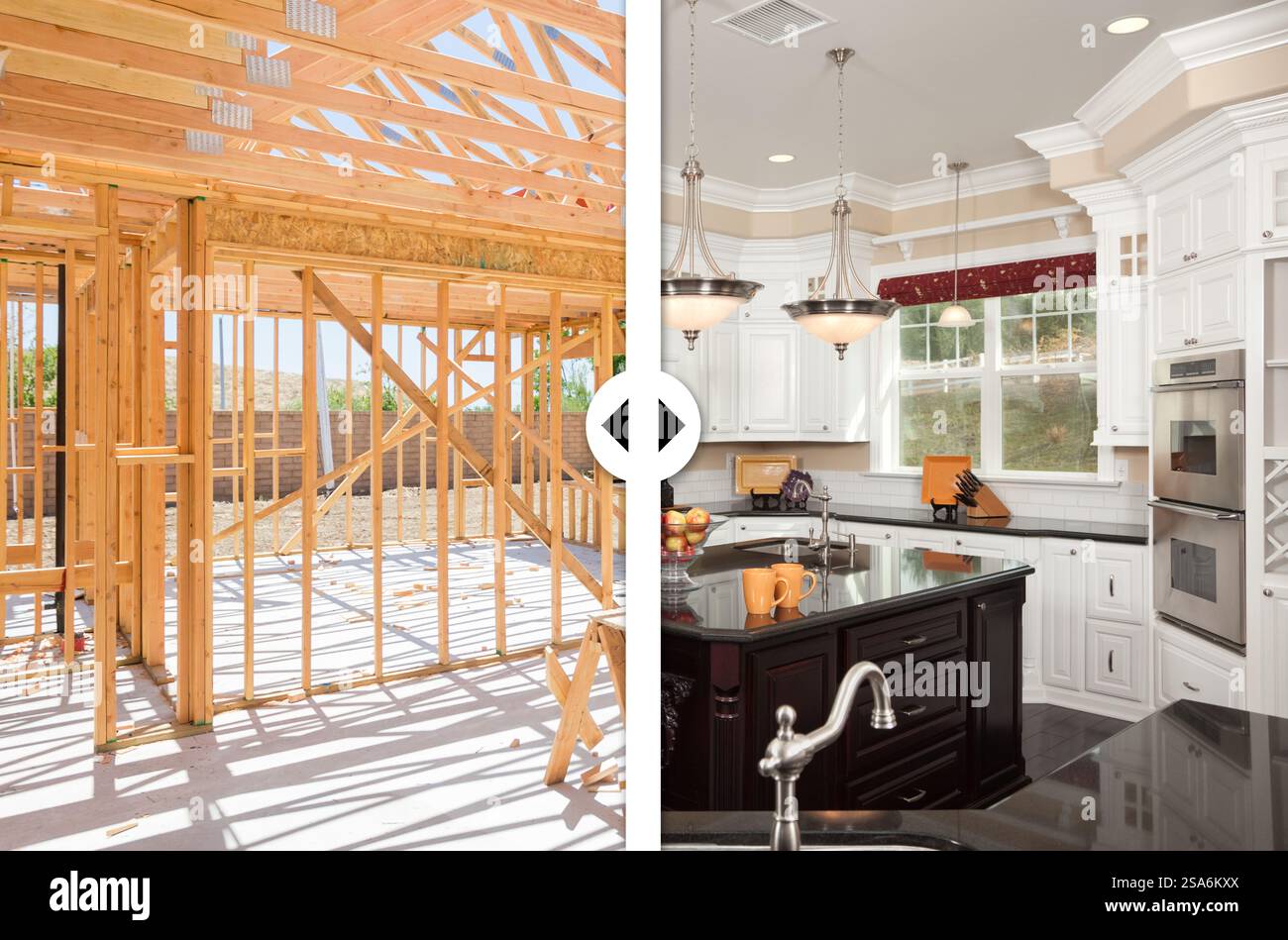 Before and After Slider Comparing Wood Framing Construction and Completed Custom Kitchen Stock ...