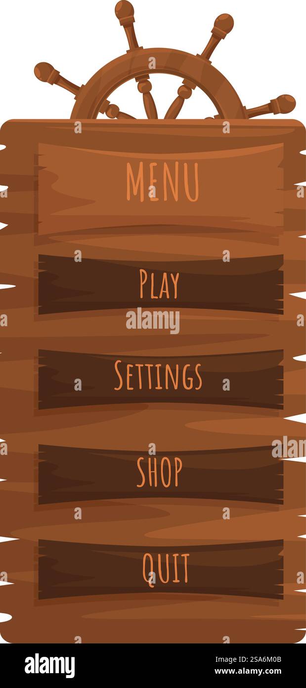 Wooden game ui menu with a steering wheel is showing play, settings ...