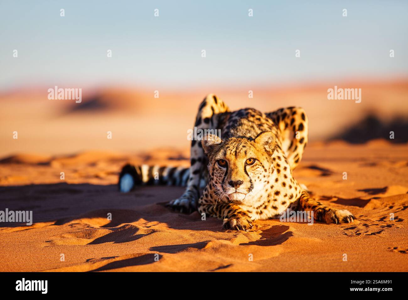 Beautiful cheetah outdoor on red sand dune early in the morning at ...
