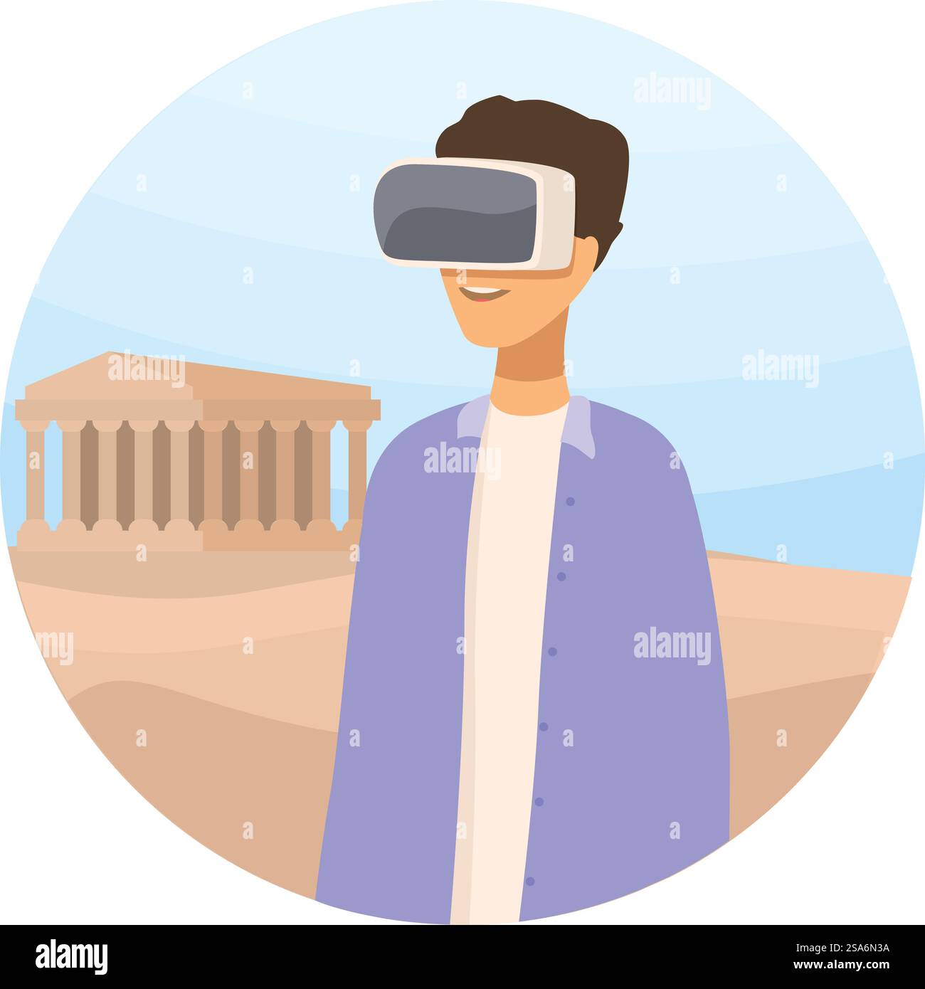 Tourist is enjoying a virtual reality experience of an ancient temple ...