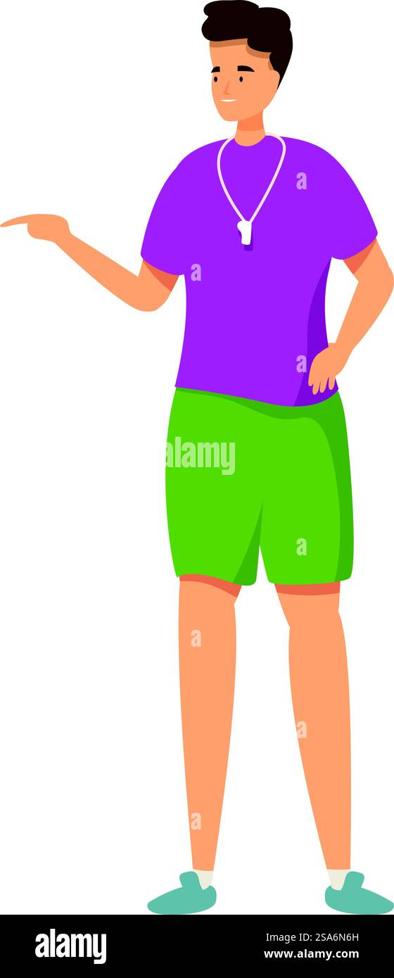 Male coach character wearing sportswear blowing a whistle and pointing ...