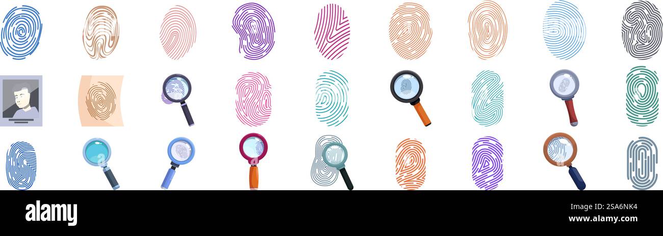 Evidence fingerprint icons set. Collection of colorful fingerprint ...
