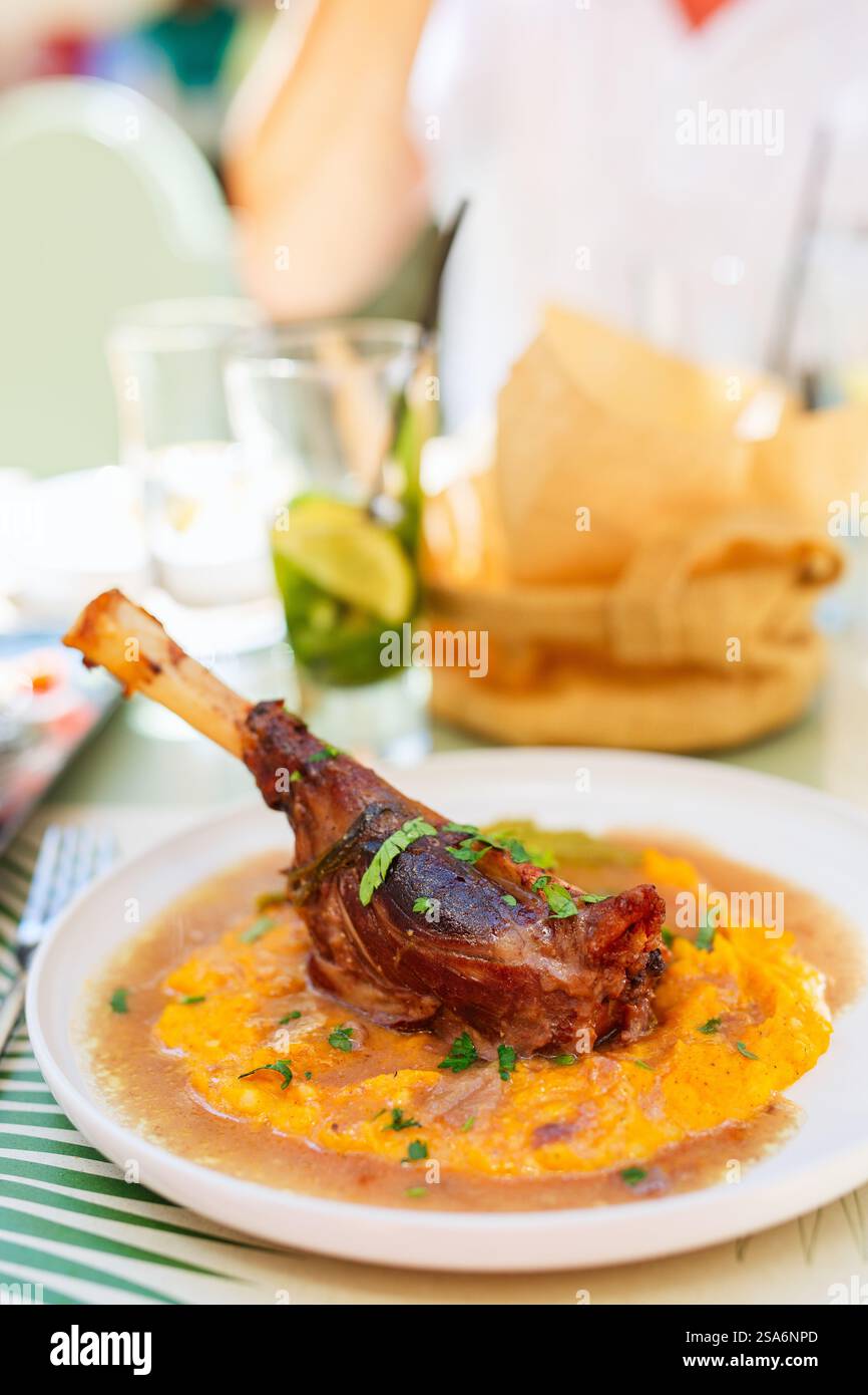 Delicious grilled rump of lamb served for lunch or dinner in restaurant ...