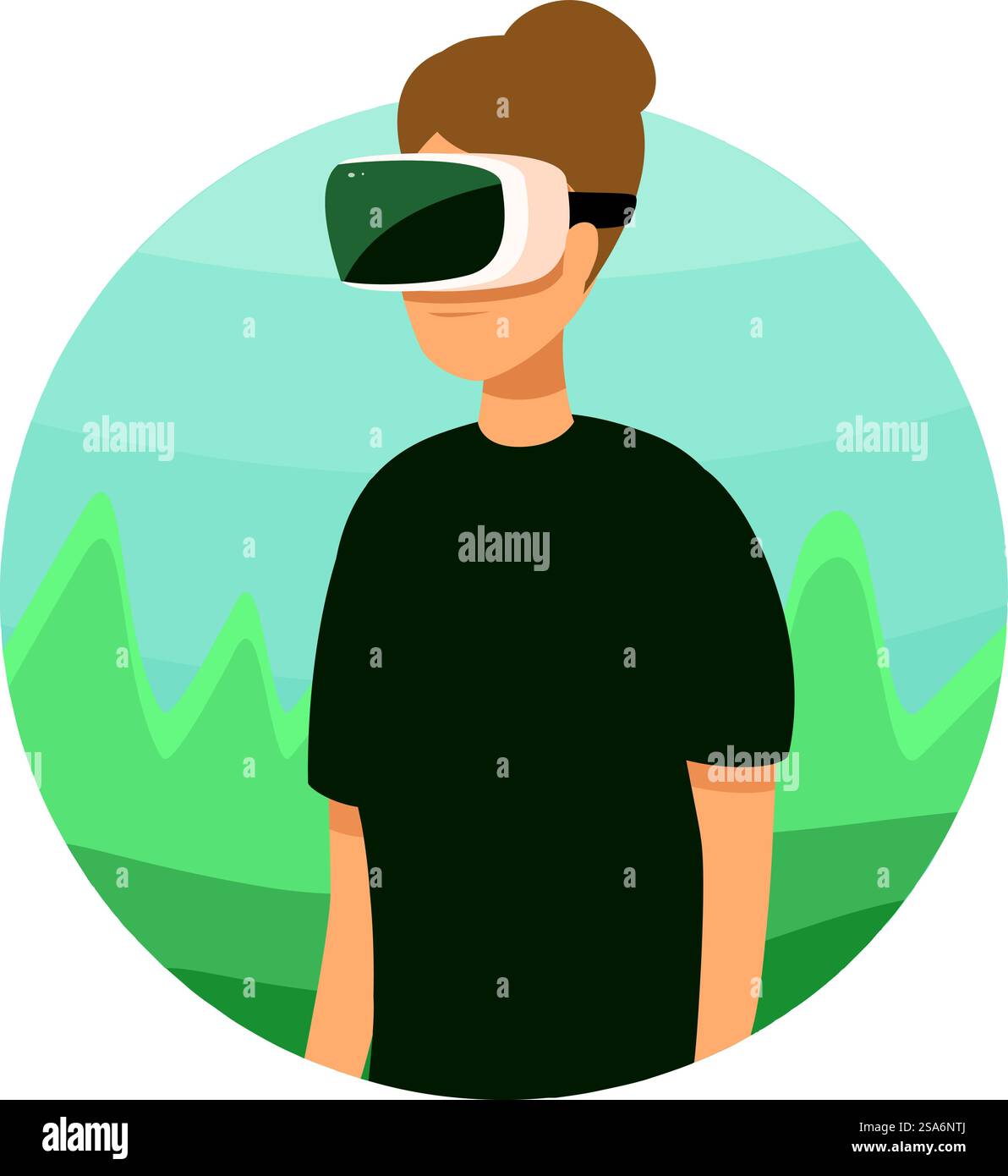 Woman wearing vr headset exploring a virtual landscape, enjoying ...