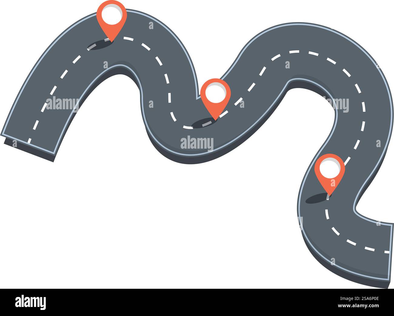 Winding road with location markers showing route to destination ...