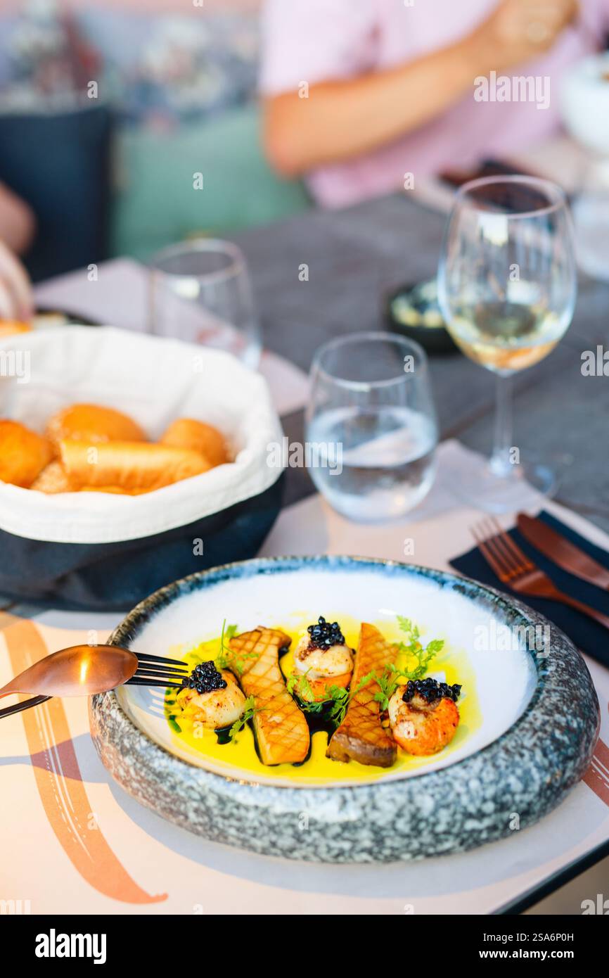 Delicious fish dish served for lunch or dinner in a restaurant Stock ...