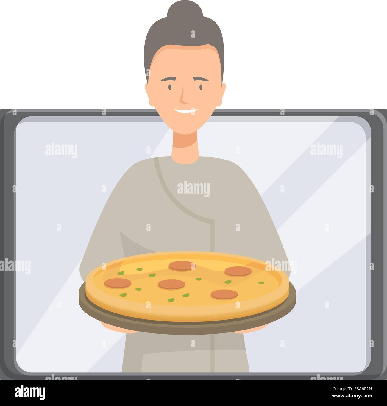 Happy chef is holding a freshly baked pizza in front of a screen ...