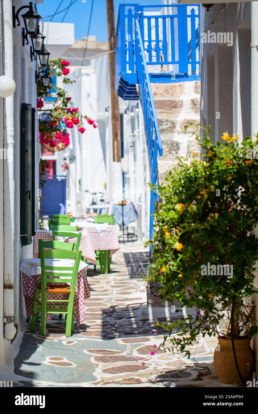 Beautiful street in village of Plaka with white houses and colorful ...