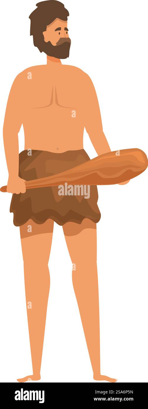 Strong primitive caveman wearing animal skin standing holding wooden ...