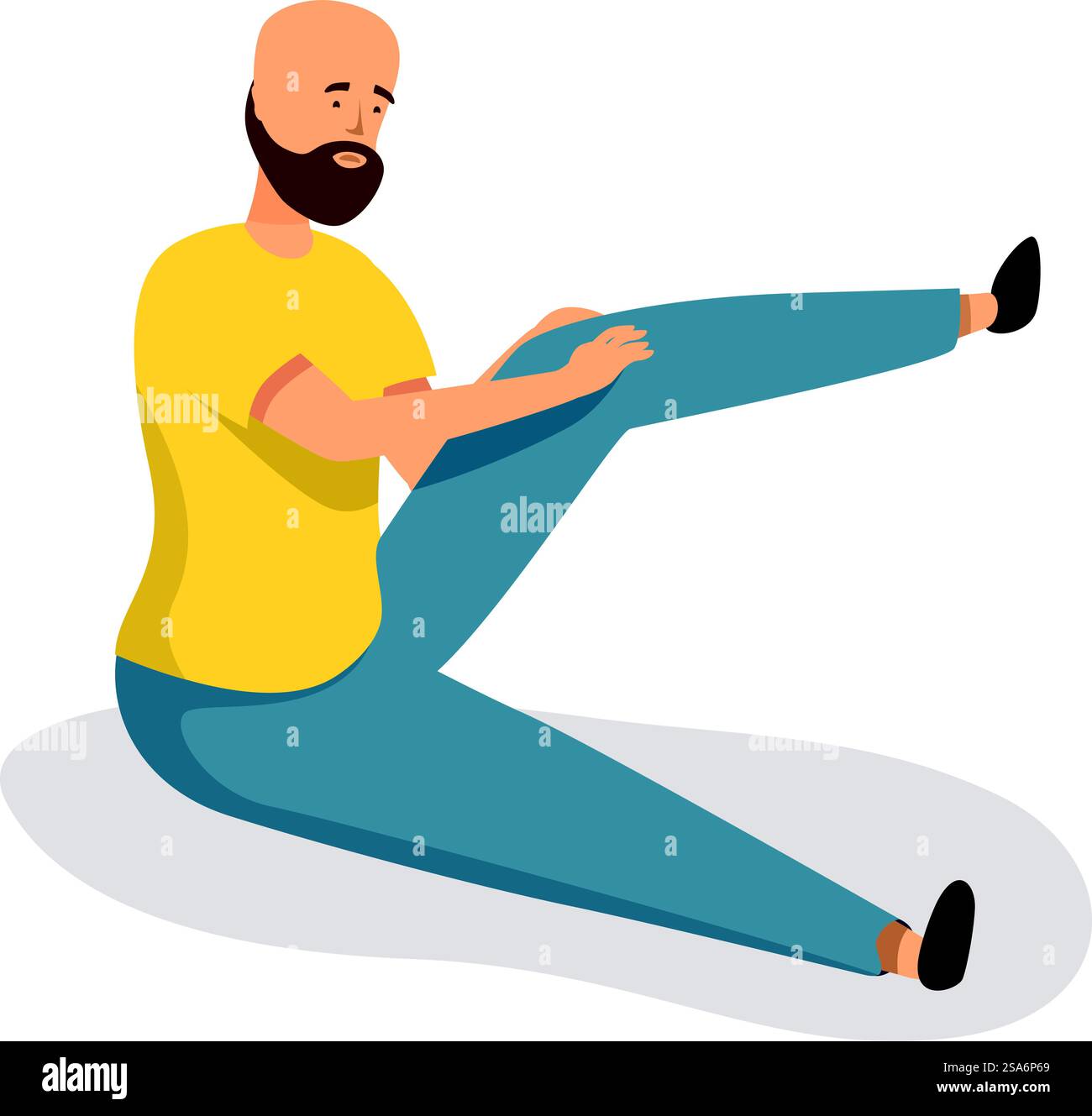 Young man is sitting on the floor, stretching his leg muscles. Young ...