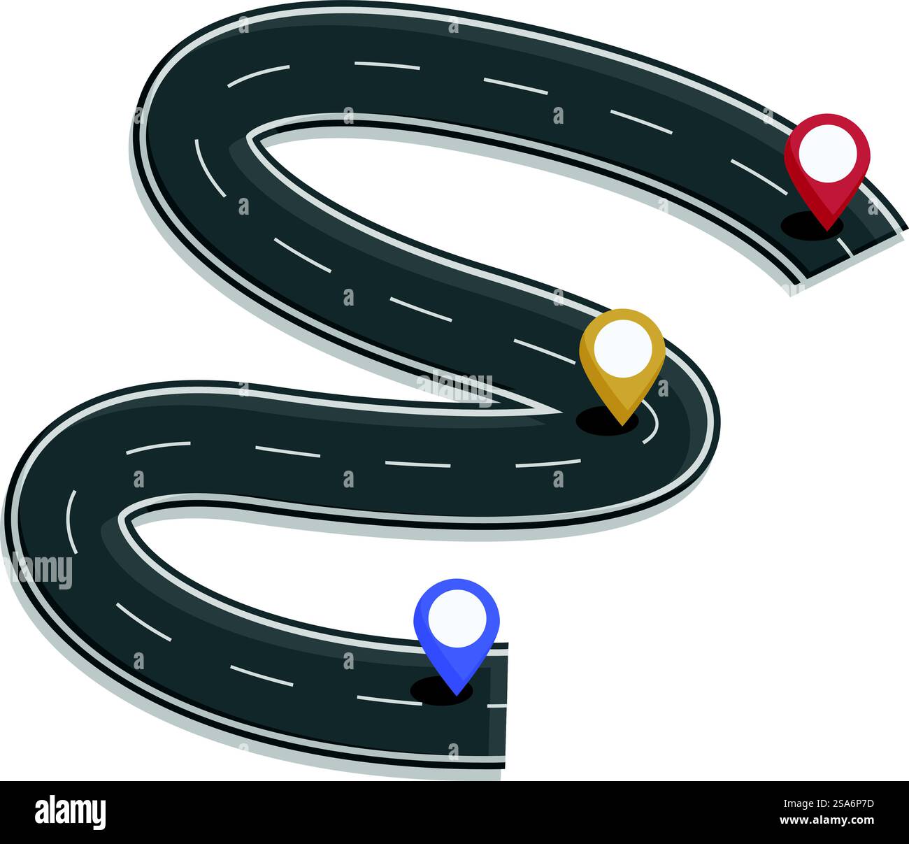 Winding road is leading to different destinations marked with location ...