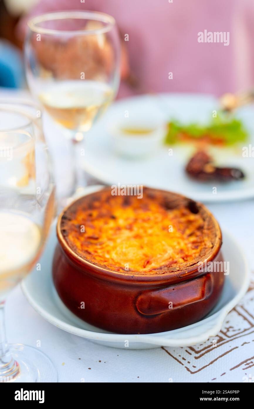 Traditional greek moussaka dish served for lunch or dinner in ...
