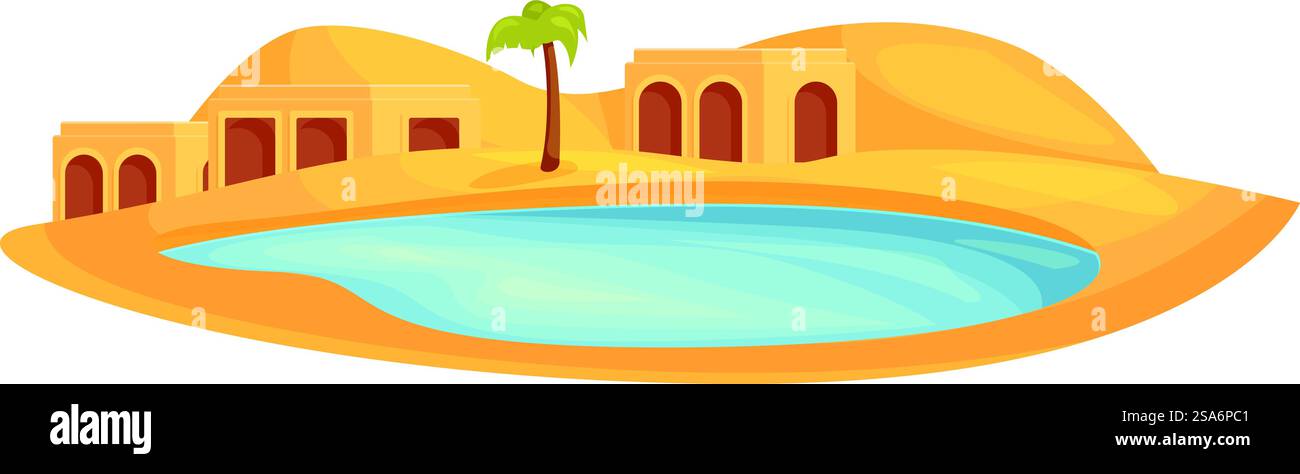 Oasis with a lake surrounded by sand dunes and traditional buildings in ...