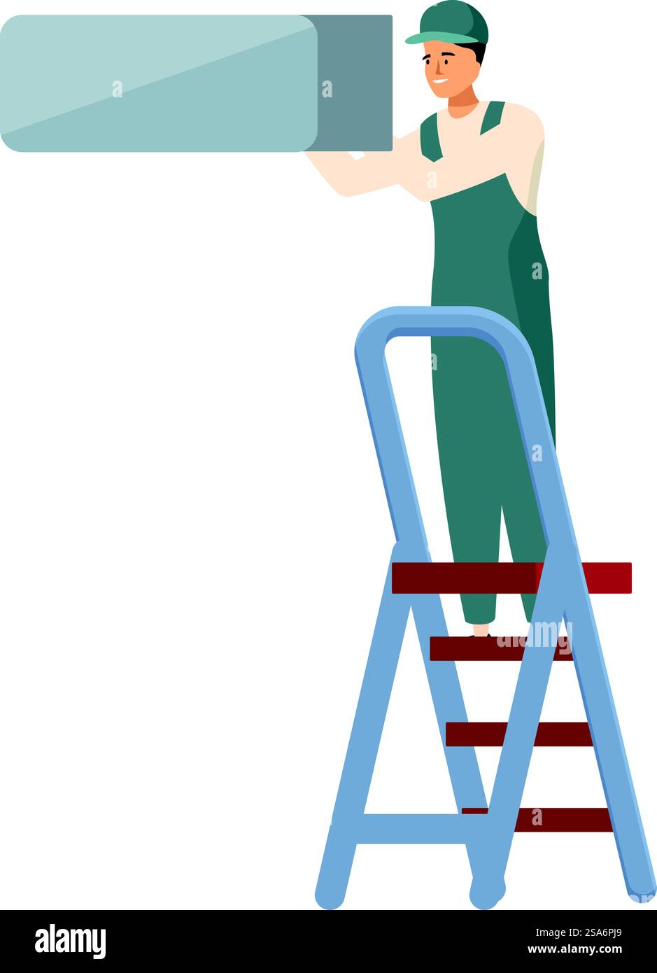 Construction worker is standing on a ladder and installing an air ...