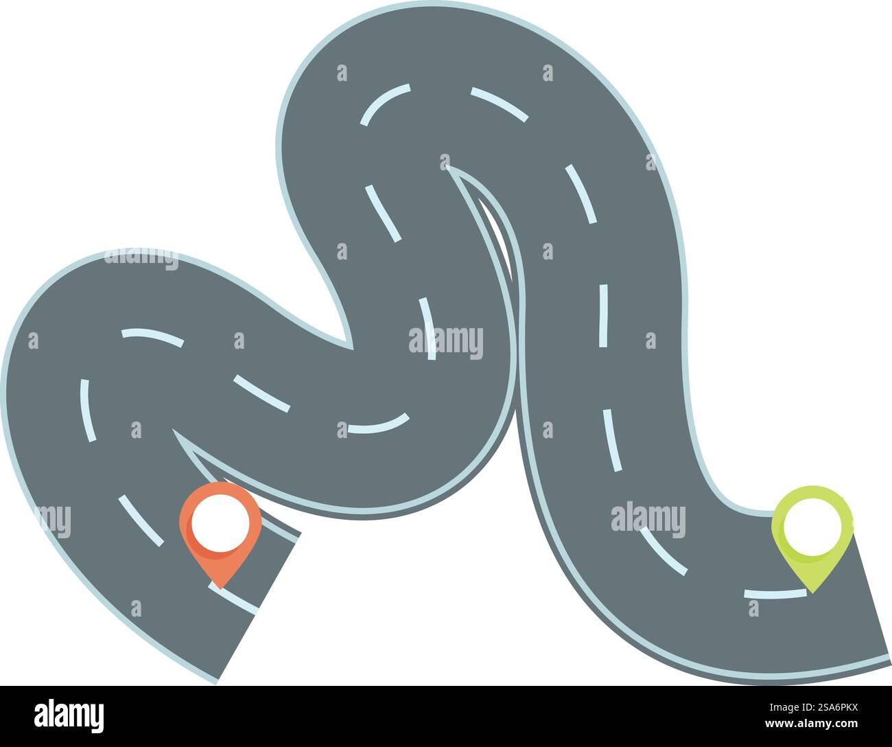 Winding road is connecting two points on a map, representing a journey ...