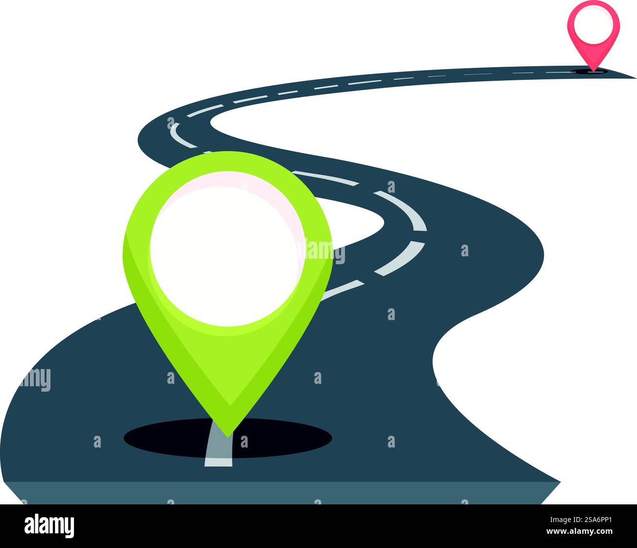 Winding road is leading to a destination marked with a location pin ...