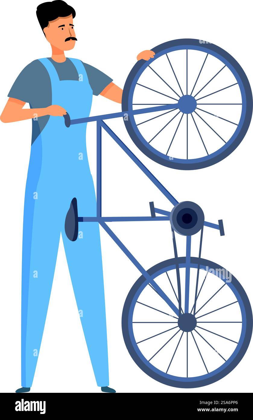 Bike mechanic in blue overalls is holding a bicycle upside down ...