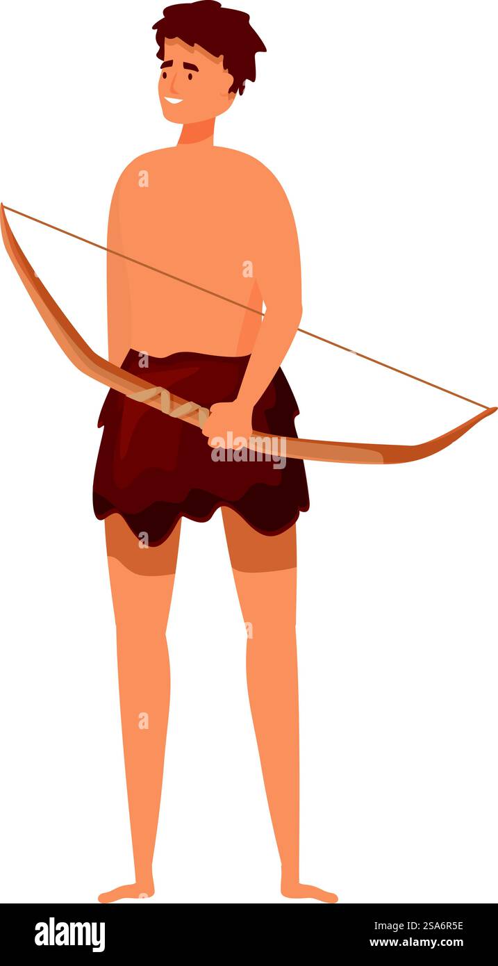 Smiling primitive man wearing animal skin is holding a bow and arrow ...