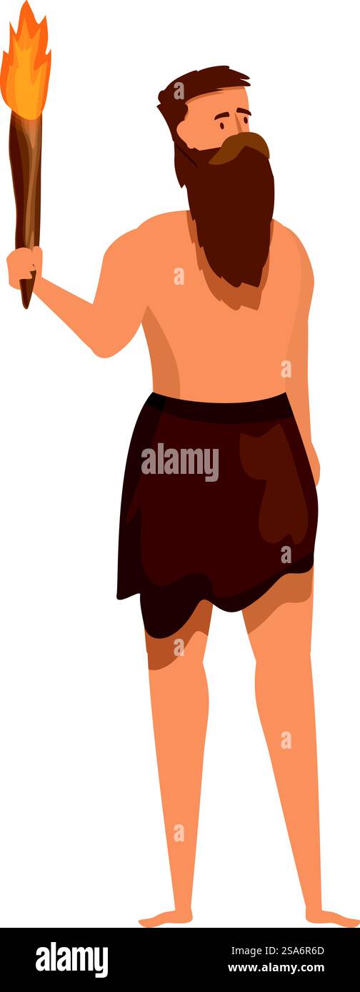 Caveman is holding a burning torch, illuminating the darkness of his ...