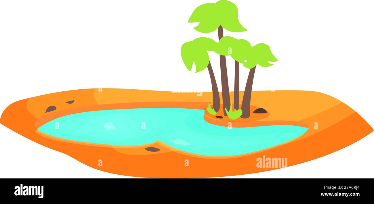 Oasis landscape with palm trees growing near small water pond in desert ...
