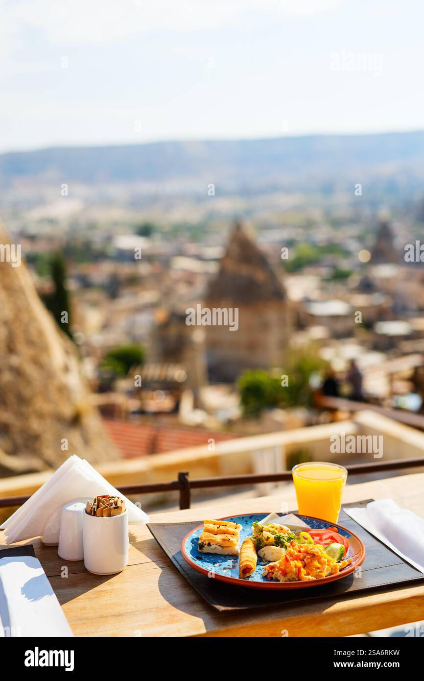 Delicious Turkish breakfast with scrambled eggs served outdoors Stock ...