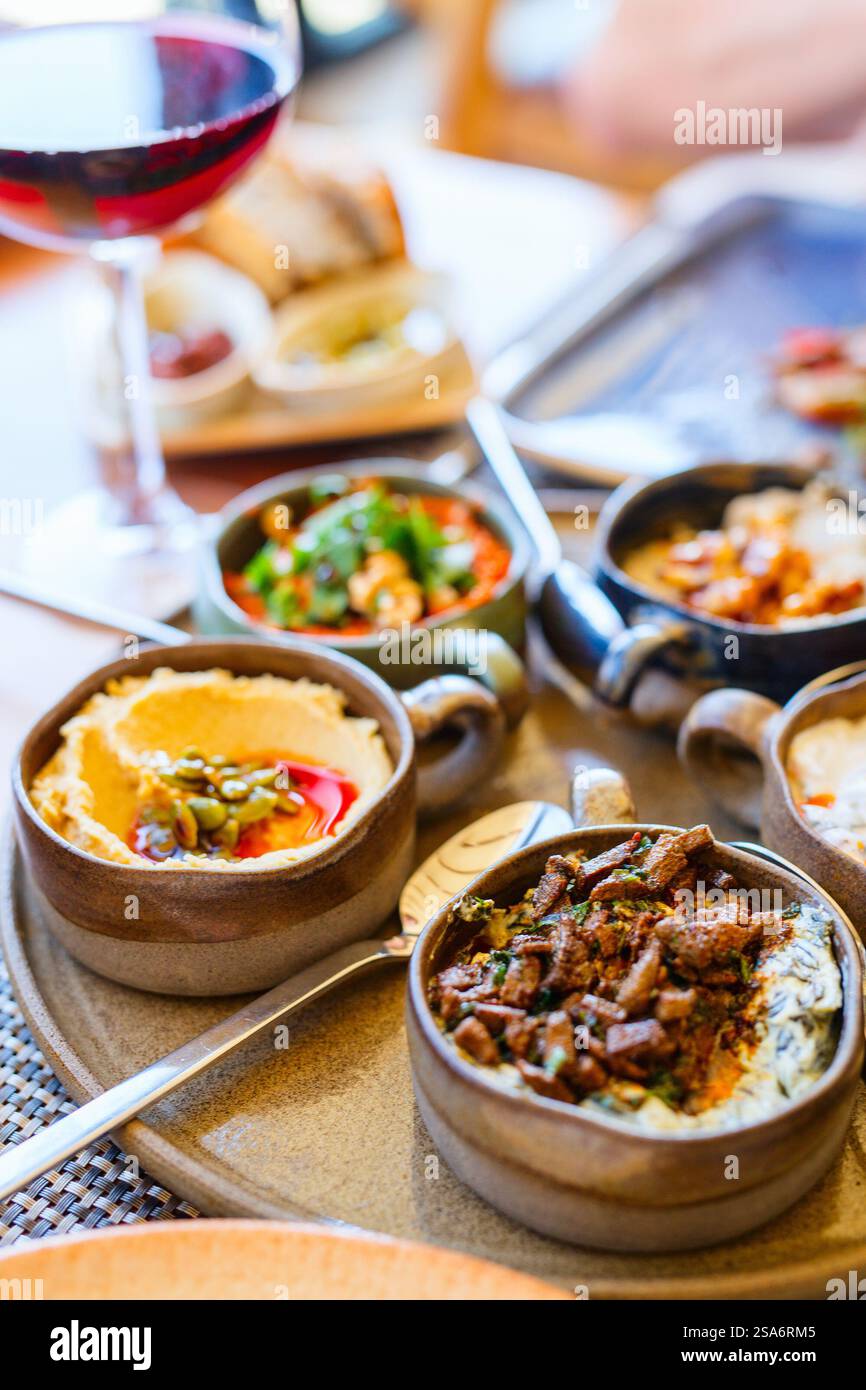 Selection of traditional turkish appetizers including spinach borani ...