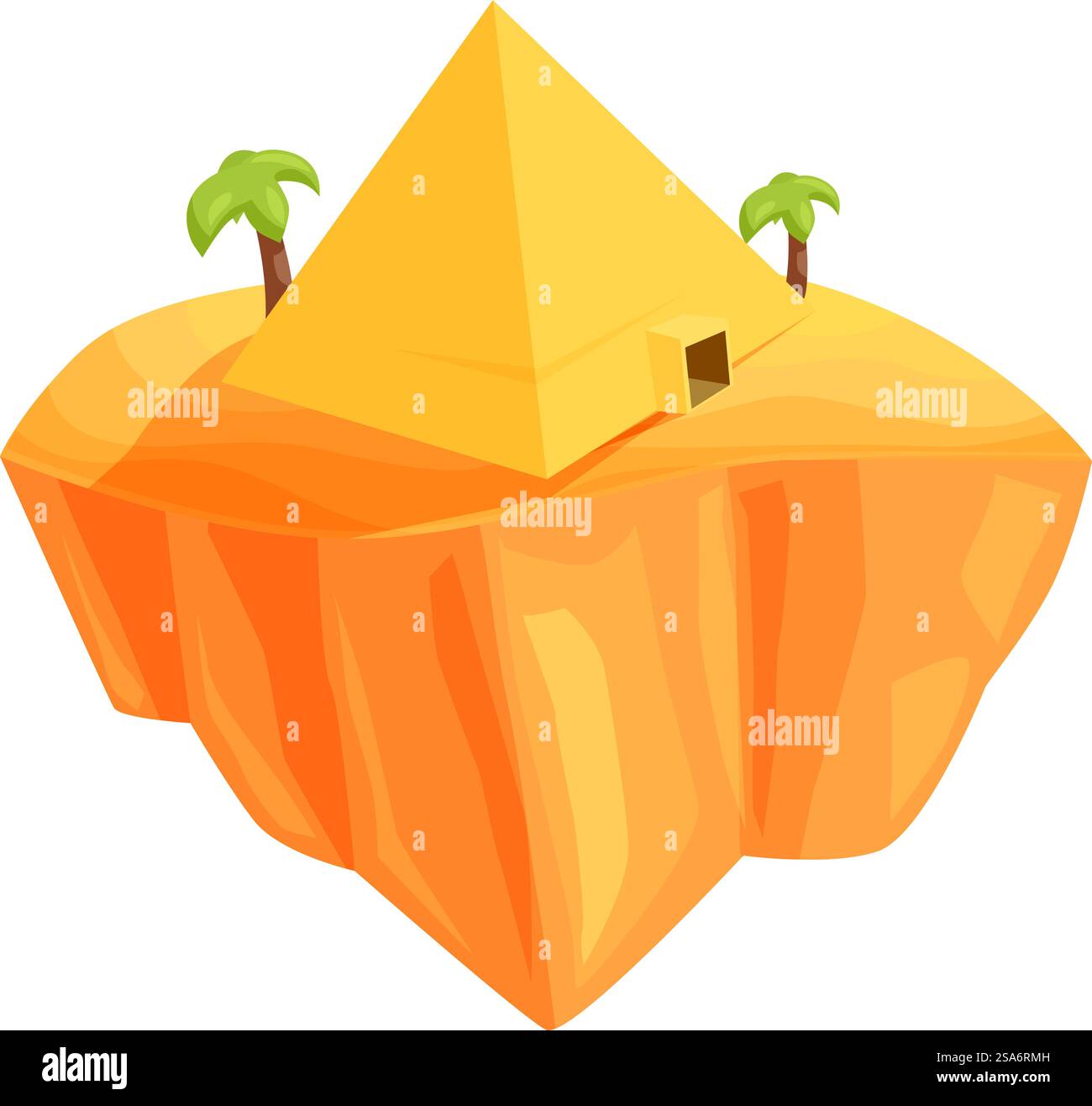 Cartoon desert island floating in the air, with a pyramid, palm trees ...