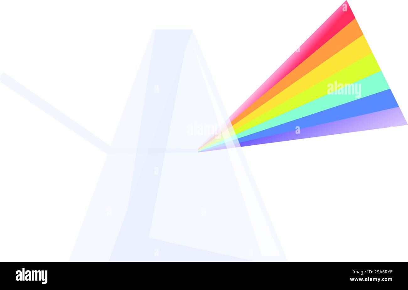 Triangular prism refracting light beam creating rainbow spectrum illustrating concept of optics ...