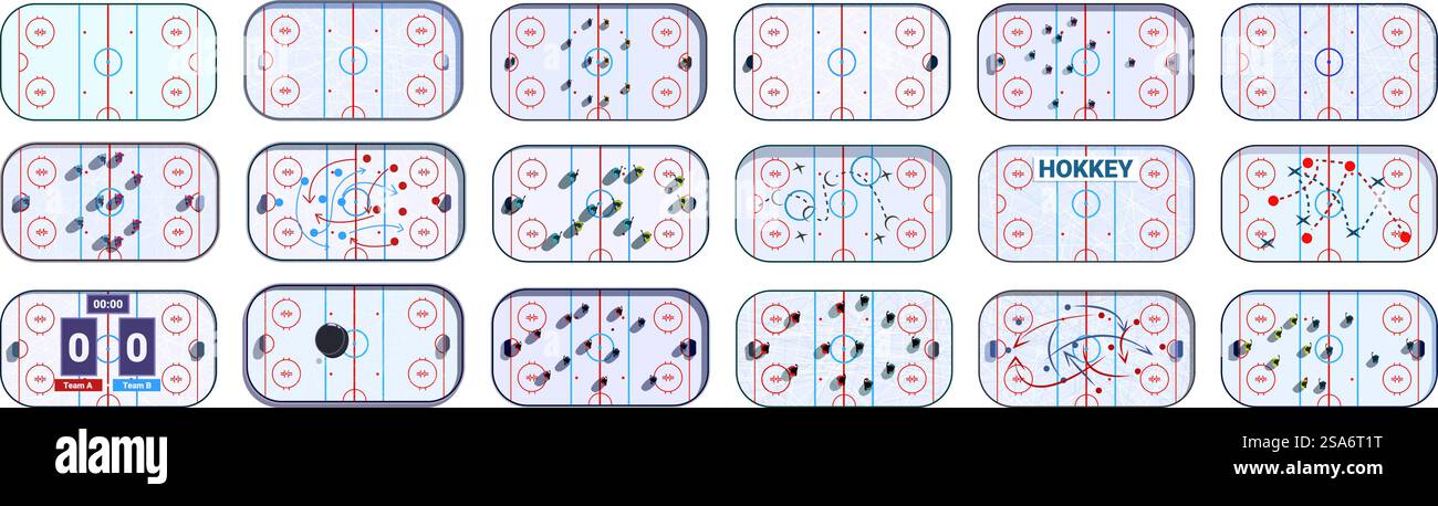 hockey rink top view icons set. Set of hockey game strategy schemes ...