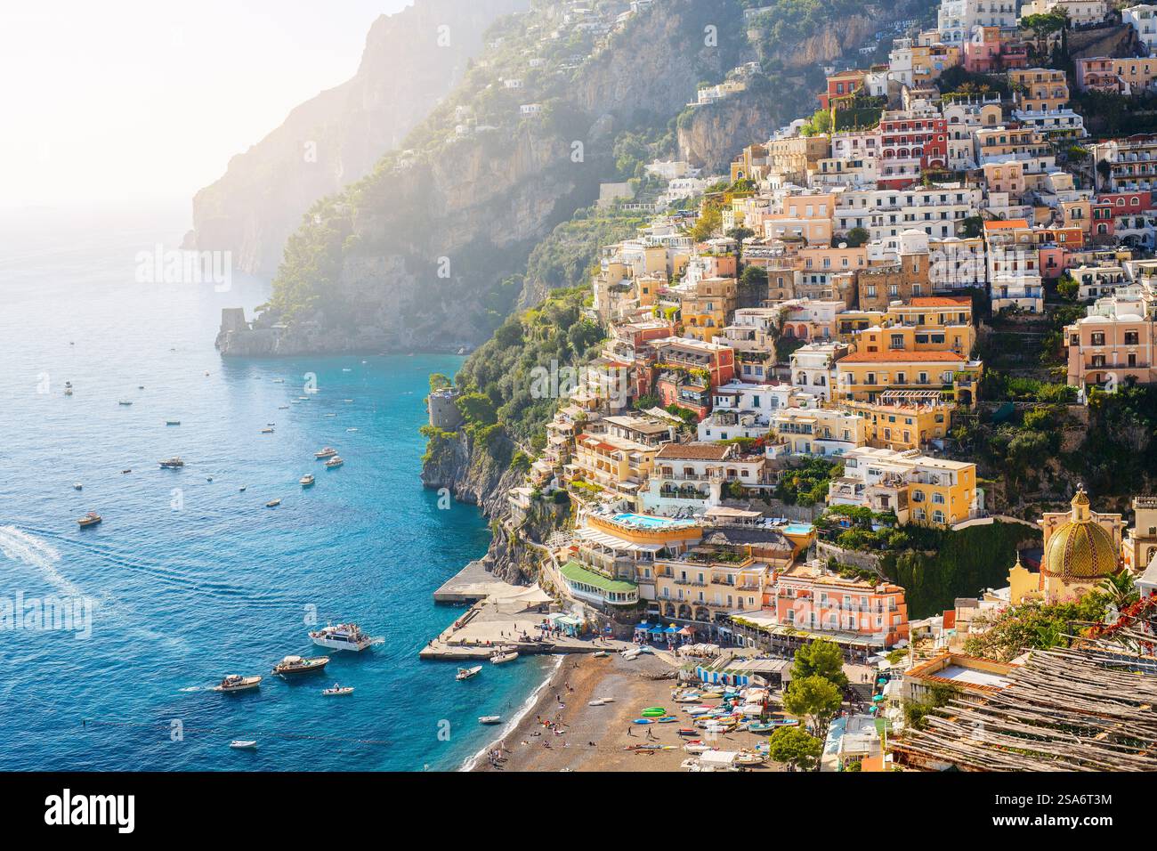 Stunning view over Positano town and beach in Amalfi coast in Italy ...