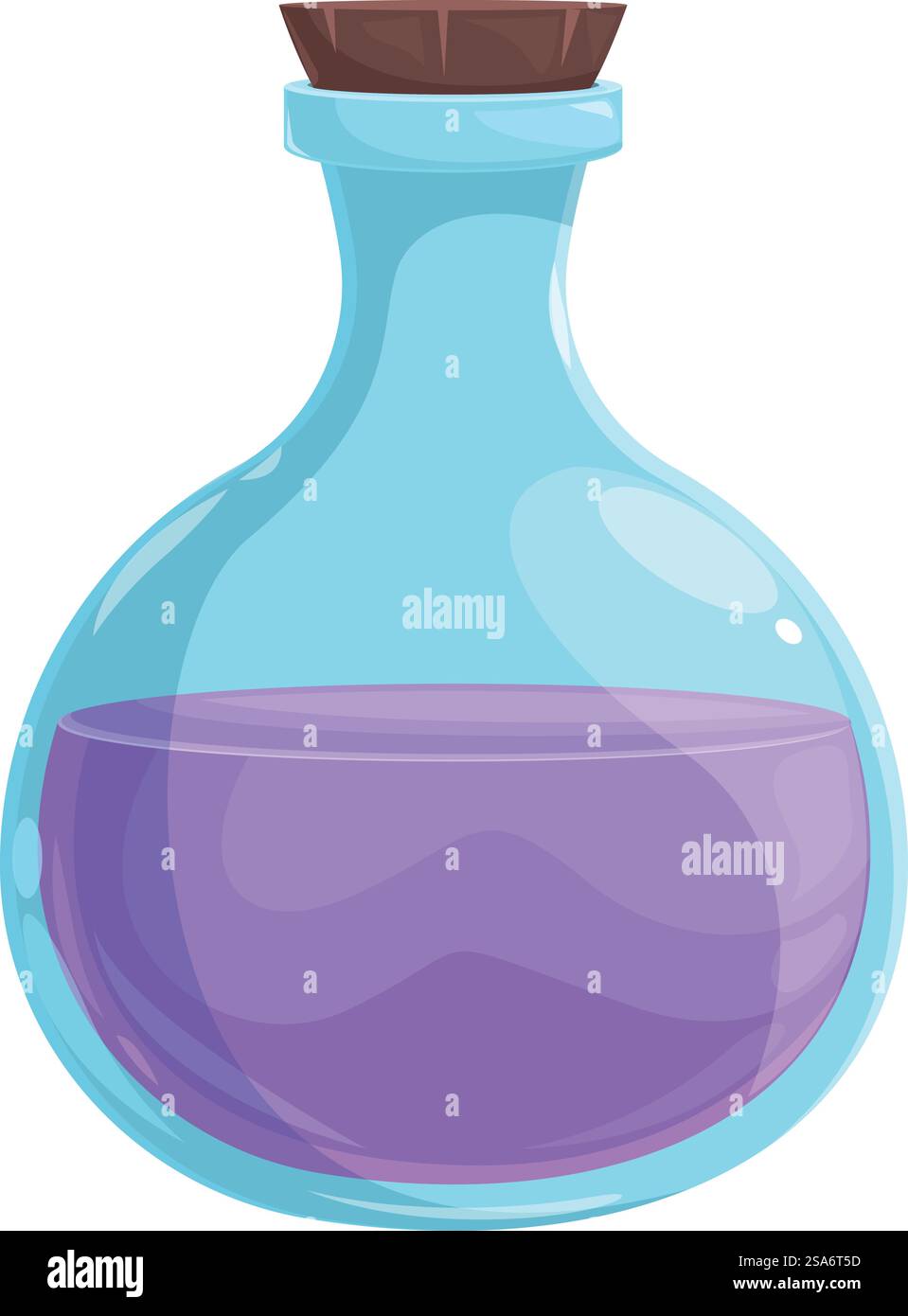 Round glass flask is containing a purple liquid potion, closed with a ...