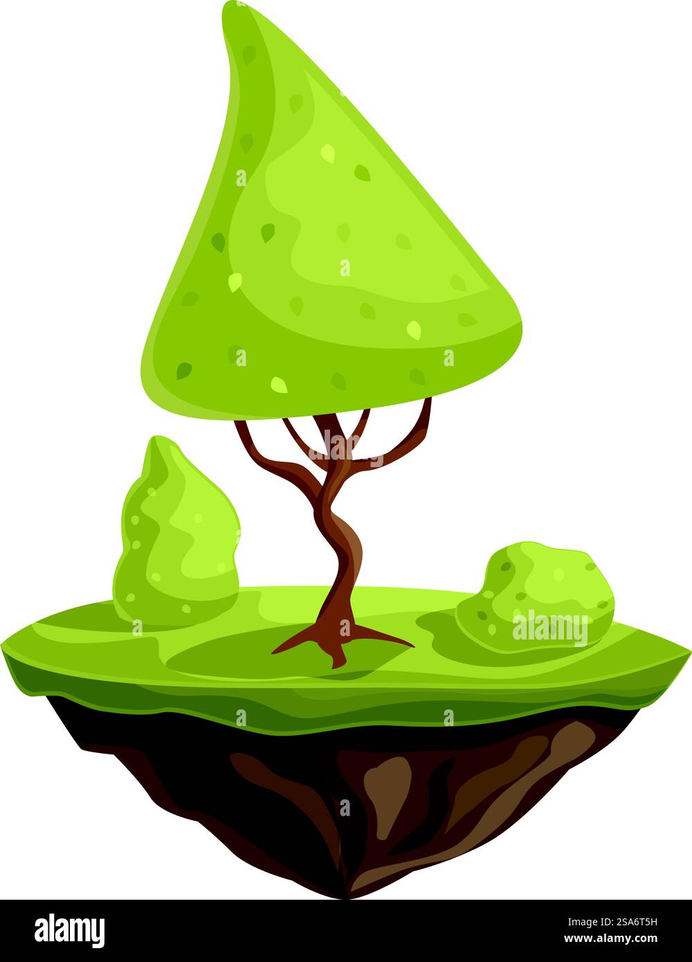 Cartoon tree is growing on a tiny floating island with green grass ...