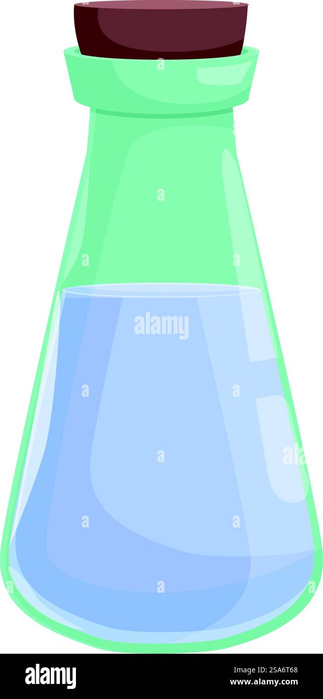 Glass flask is containing a blue potion and closed with a cork stopper ...