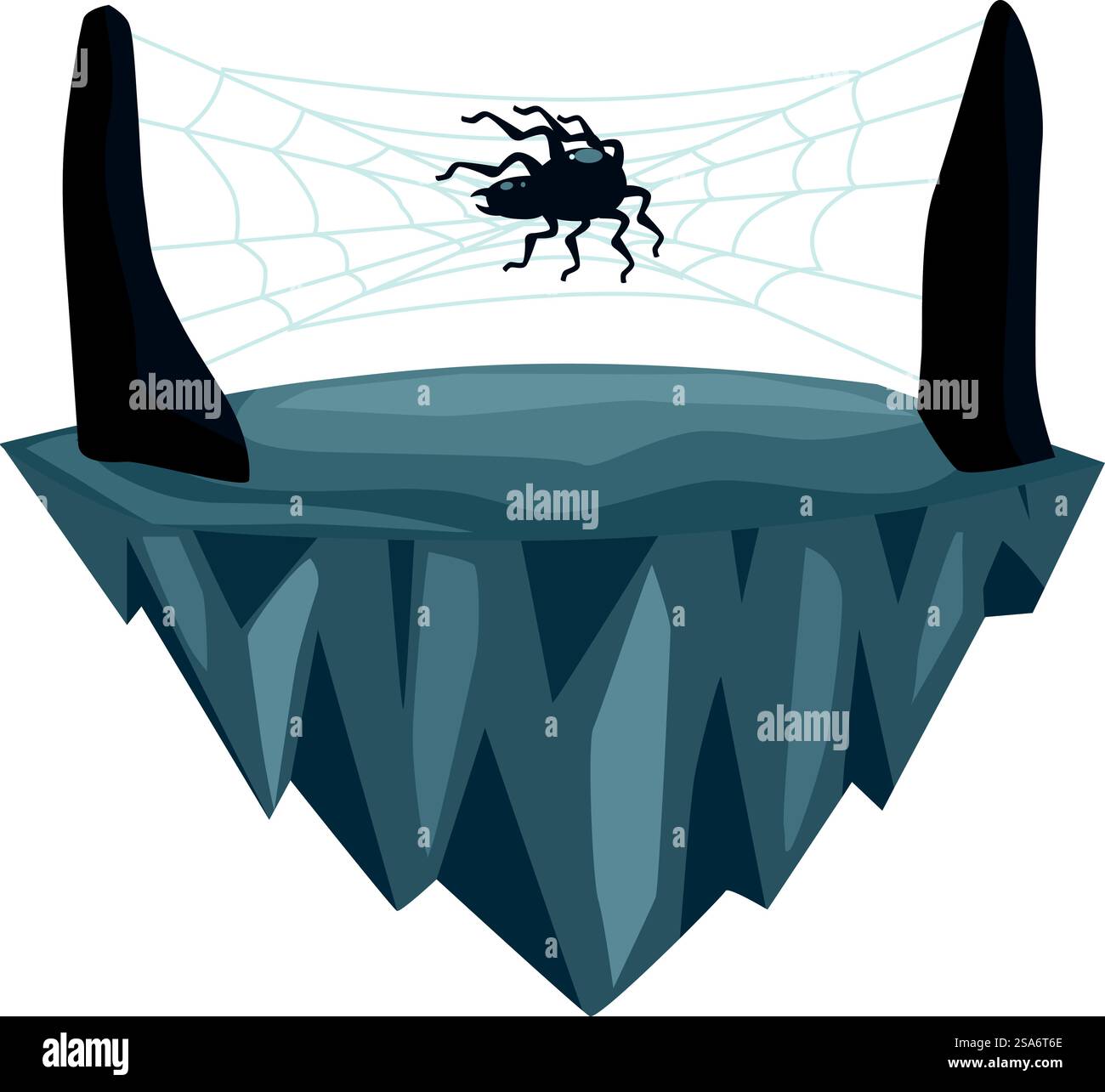 Giant black spider is building its cobweb on a floating rock island ...