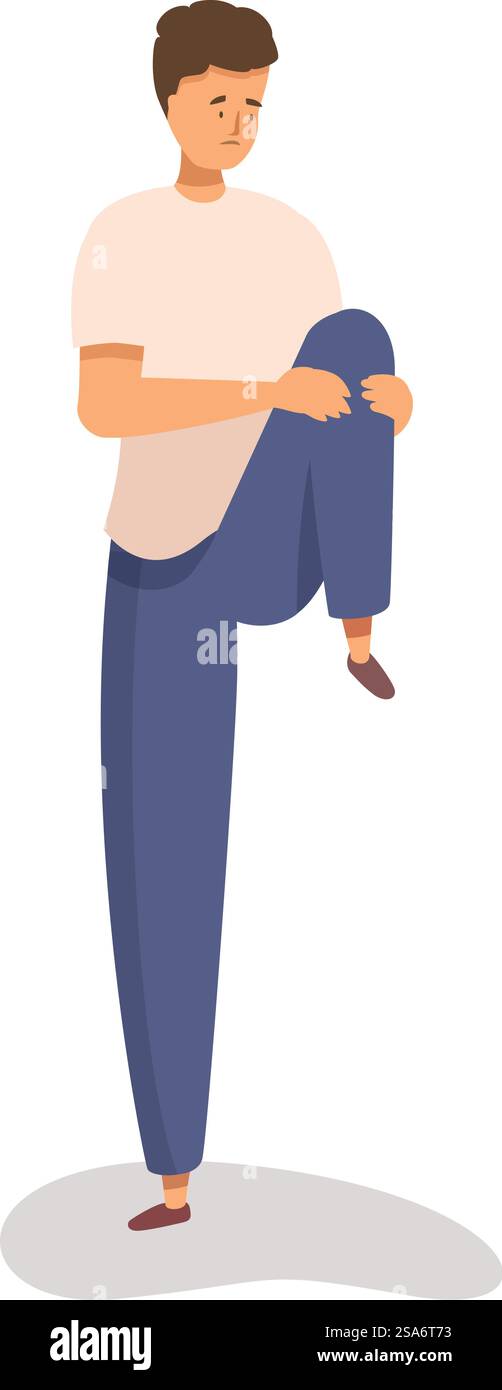 Young man is grabbing his knee in pain, unable to stand on both feet ...