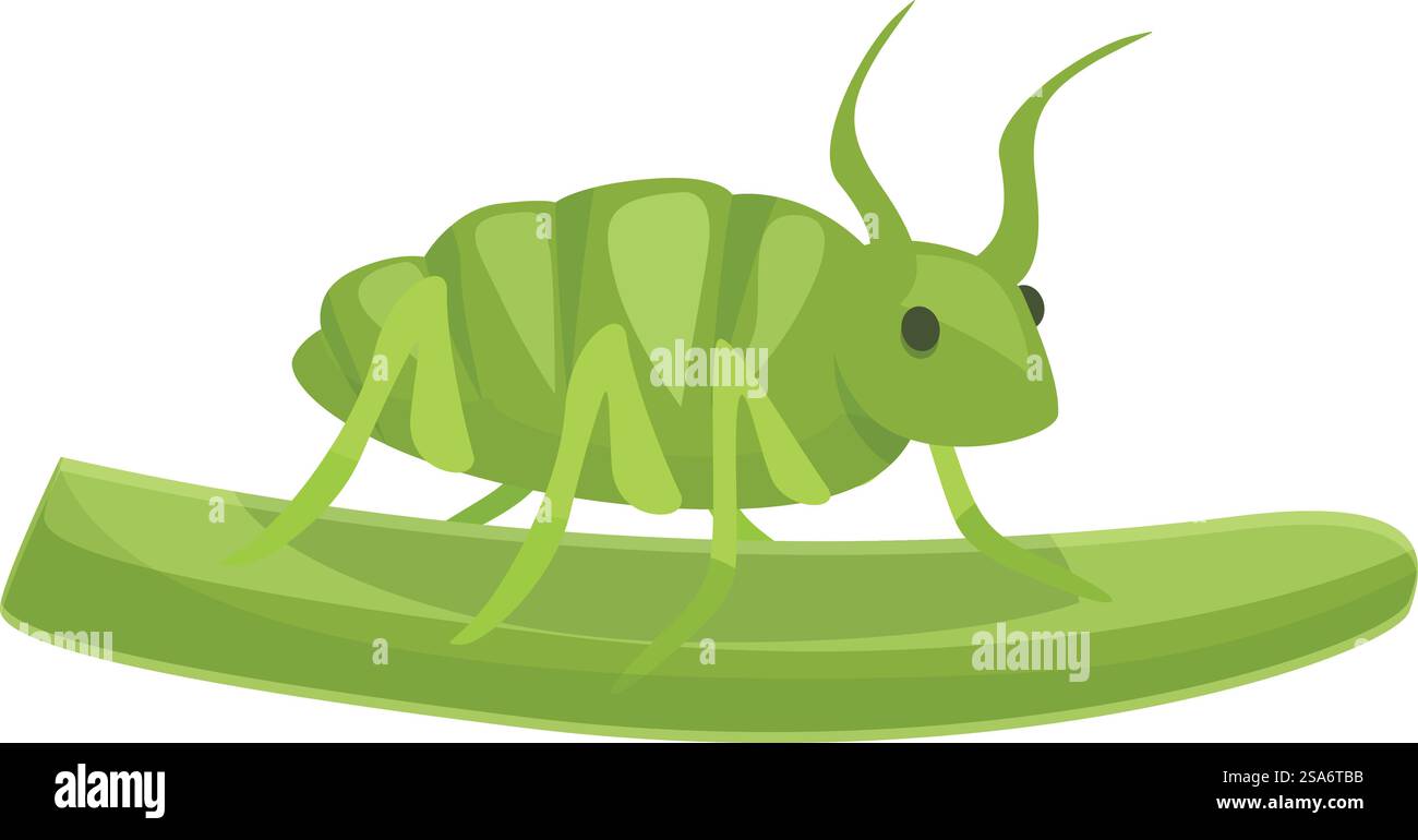 Green aphid with six legs and two antennae walking on a green stem ...
